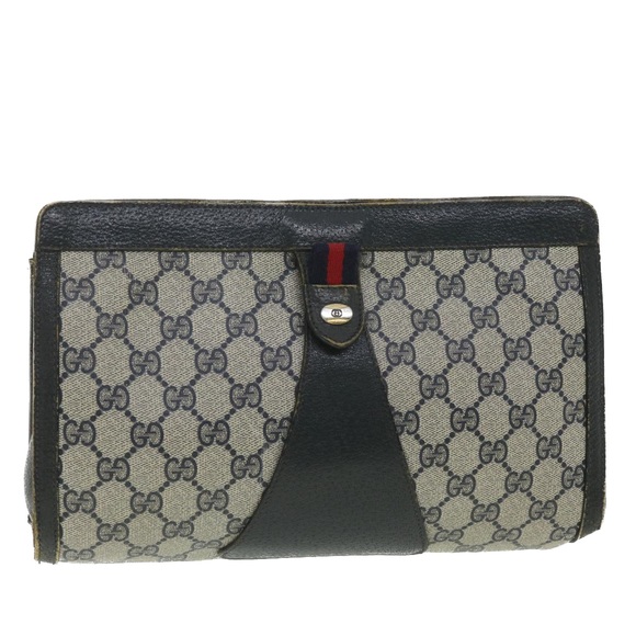 Gucci | Bags | Gucci Sherry Line Gg Canvas Clutch Bag Pvc Leather Navy ...